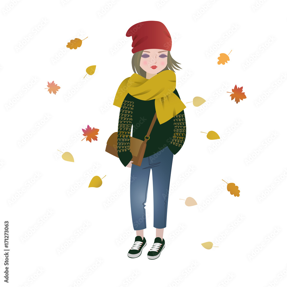 Cute fashion cartoon girl wearing trendy autumn outfit vector isolated ...