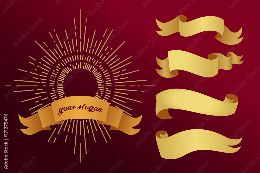 Golden ribbons on a red background. The sun's rays are framed by a ...