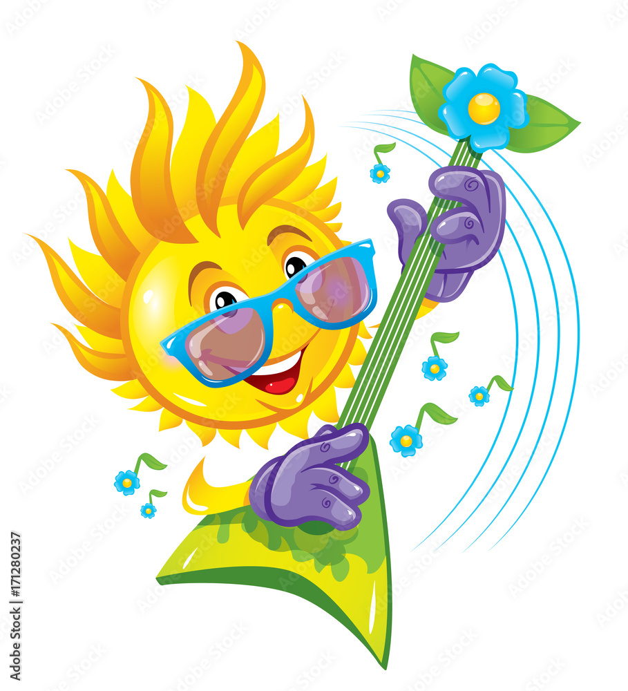 Cartoon rock sun with mohawk from the rays playing the guitar. Flutter ...
