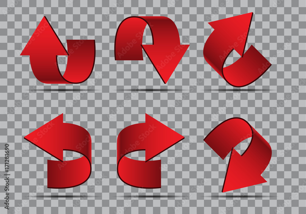 Red arrow curve direction 3D set on gray checkered background design ...