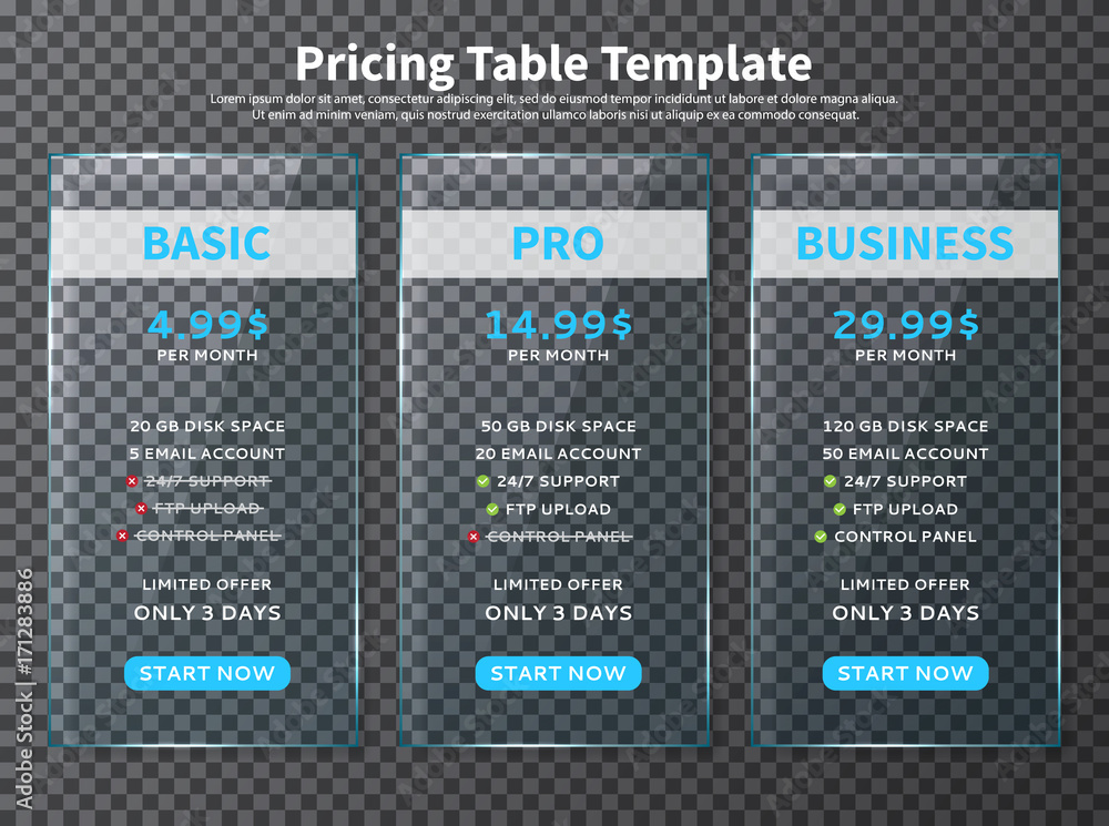 Glass pricing table templates. Design element for websites and ...