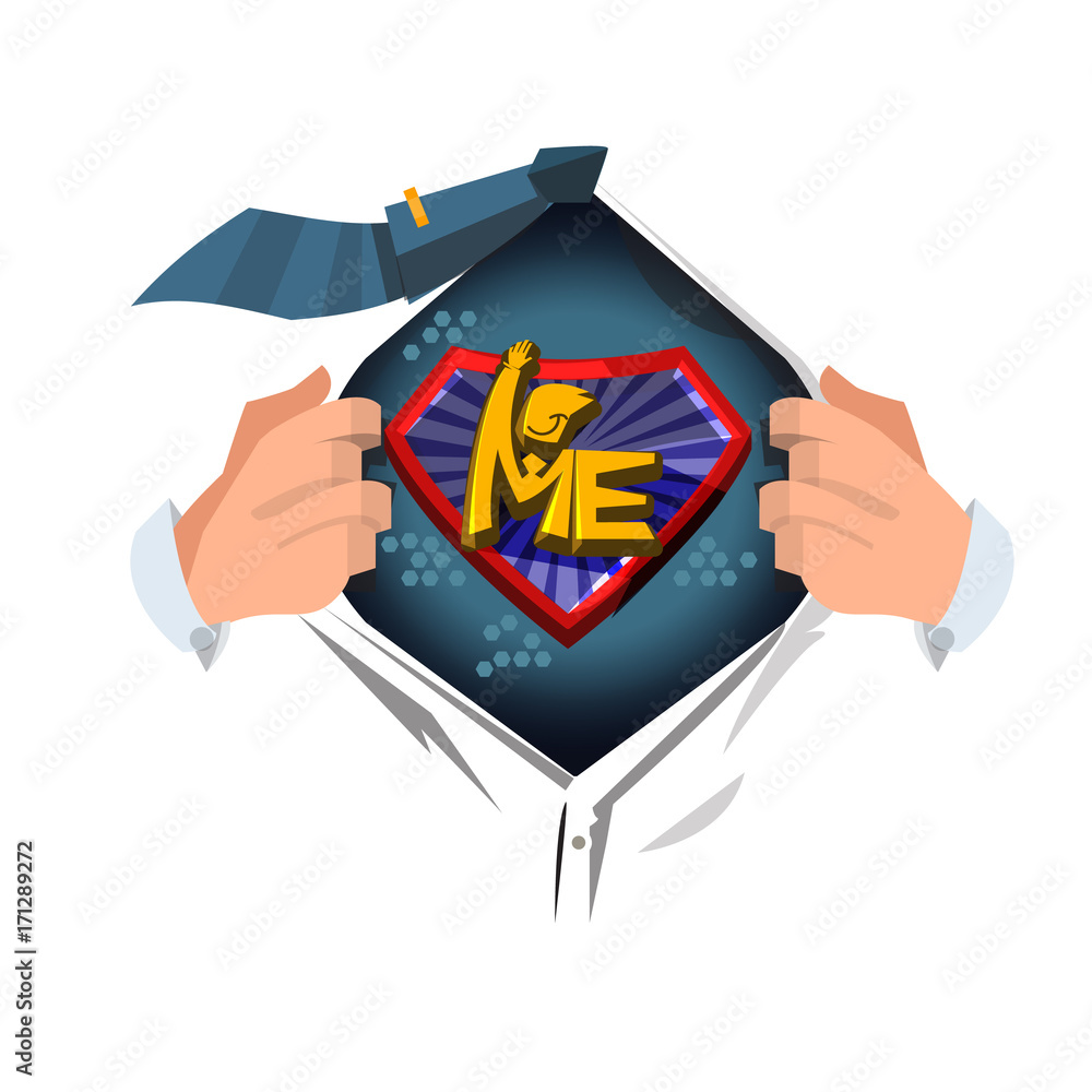 man open shirt to show "Me" logo in cartoon style. confident man ...