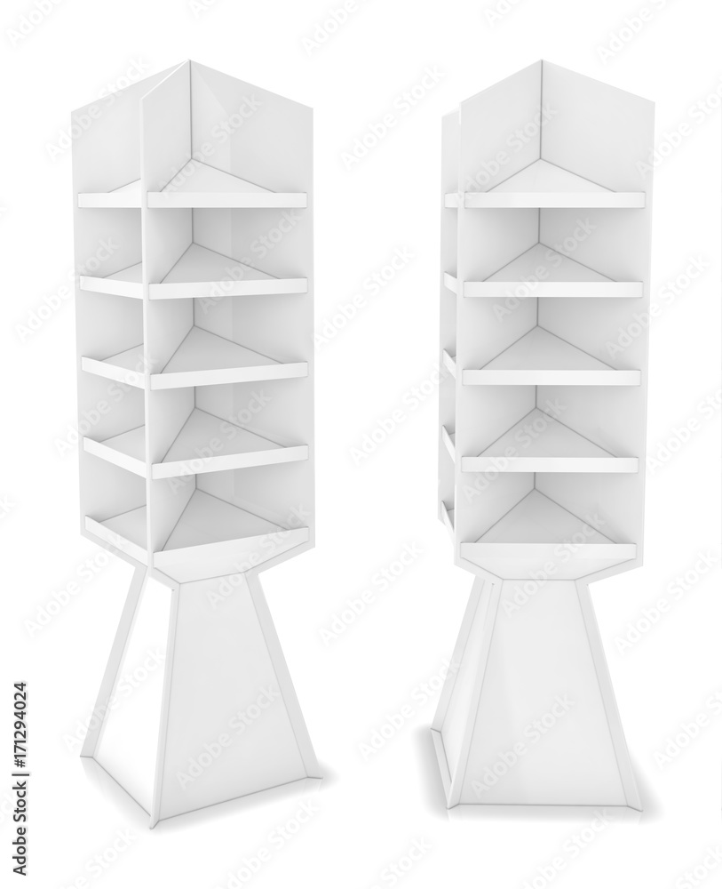 Rack with shelves for shops. Set of 3d images isolated on white. Stock ...