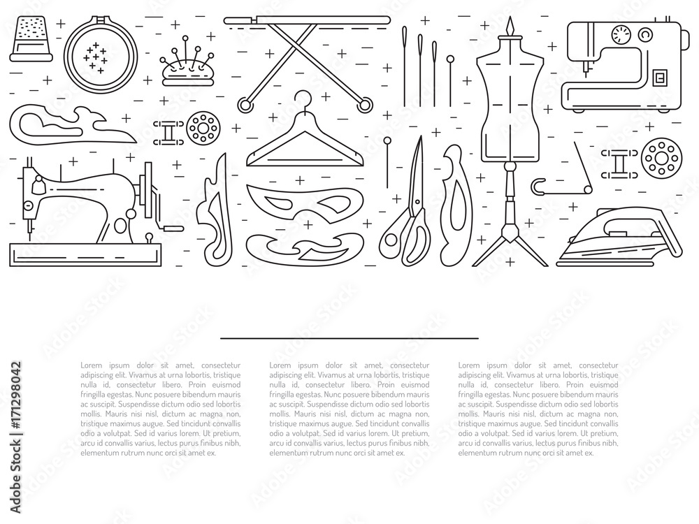Sewing icons outline vector set. Outline tools and equipment for ...