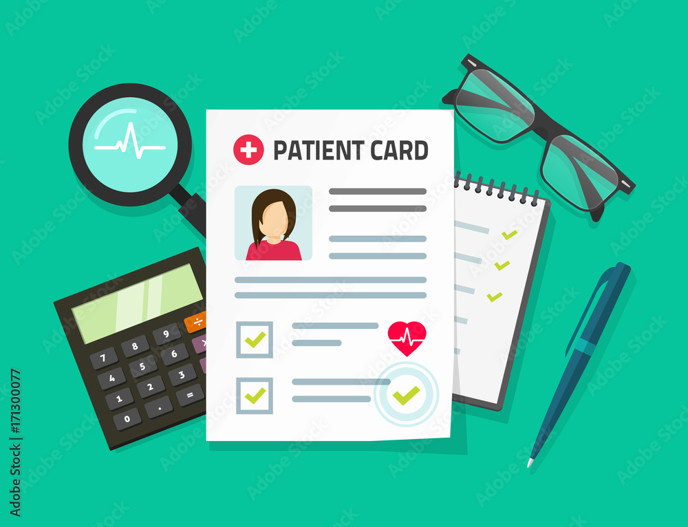 Patient card vector illustration, flat cartoon medical records document ...