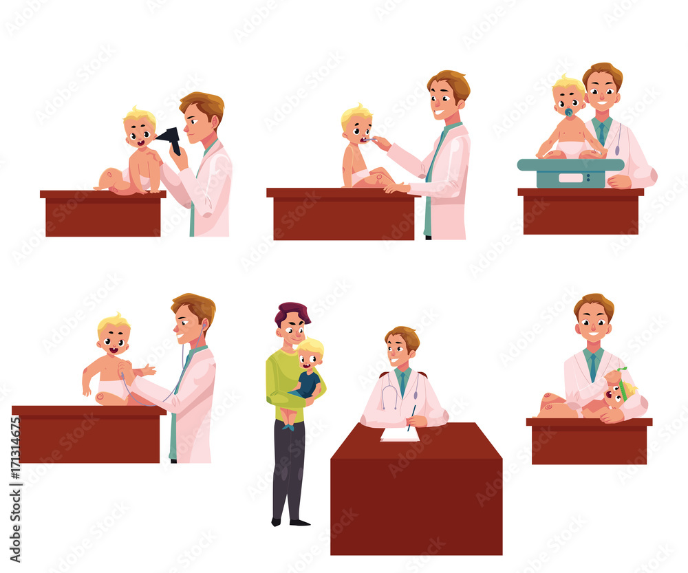 Man pediatrician, doctor doing medical exam, checkup for baby, infant ...