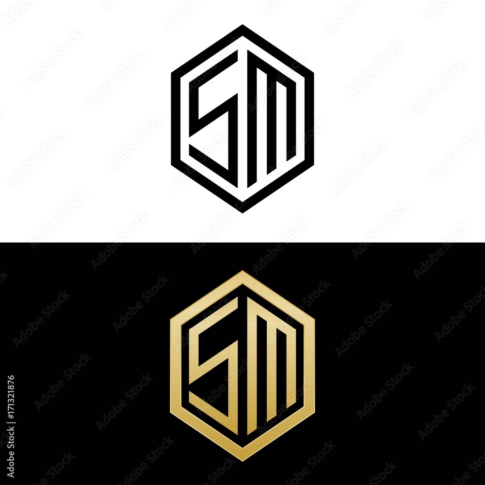 initial letters logo sm black and gold monogram hexagon shape vector ...