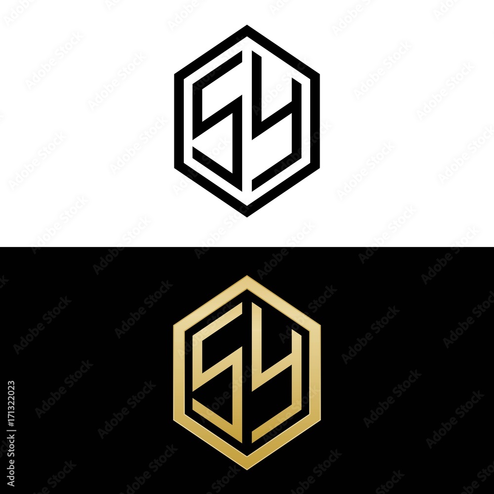 initial letters logo sy black and gold monogram hexagon shape vector ...