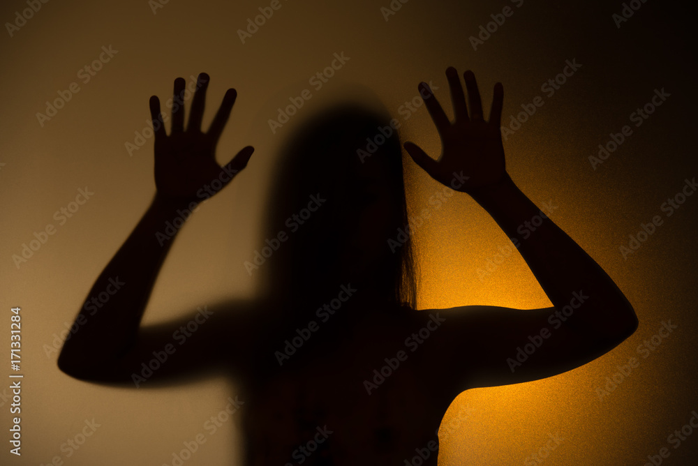 Halloween Spooky Shadow of Horror Woman Behind The Glass With Backlight ...