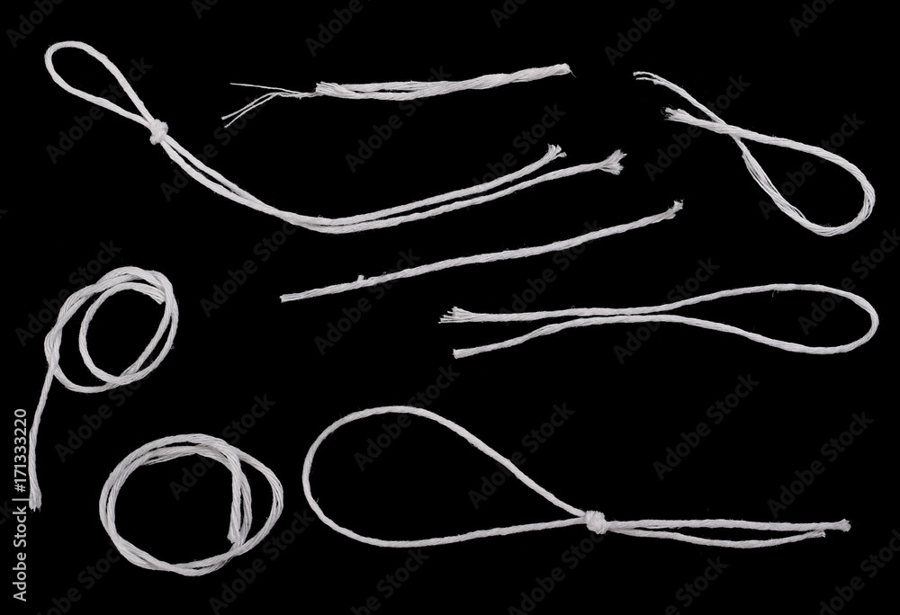 Set, collection white strings isolated on black background texture ...