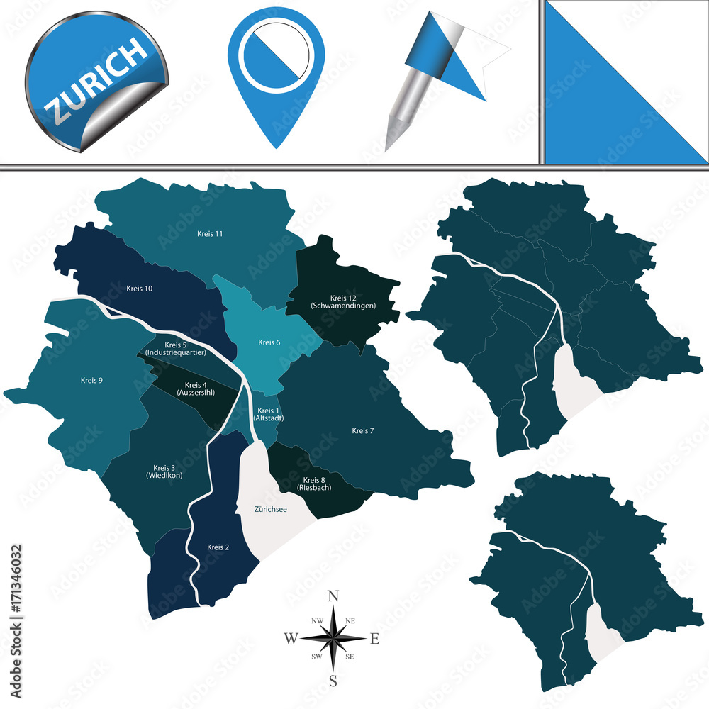 Map of Zurich with Subdivisions Stock Vector | Adobe Stock