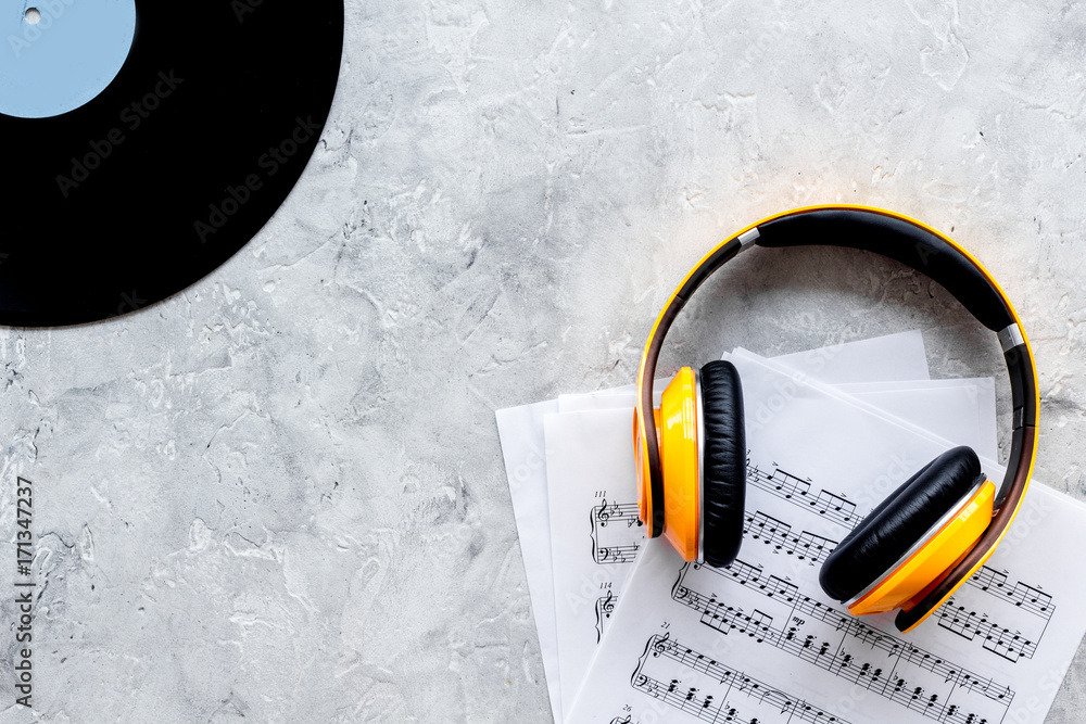 Desk of musician for songwriter work set with vynil record and notes ...