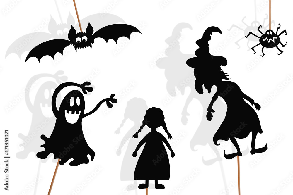 Shadow puppets of baby girl and halloween monsters, isolated. Stock ...