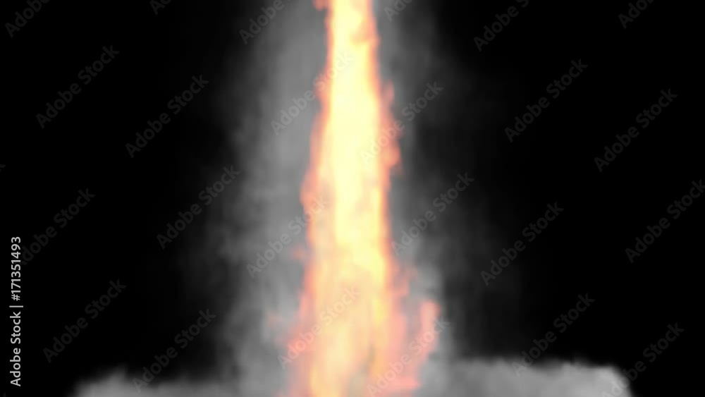 Animated fire and smoke bursting from launching rocket. Close up of a ...