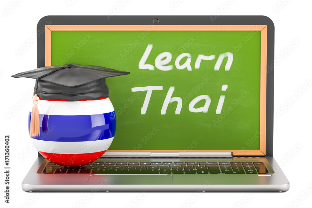 Learn Thai concept with laptop blackboard and graduation cap, 3D ...