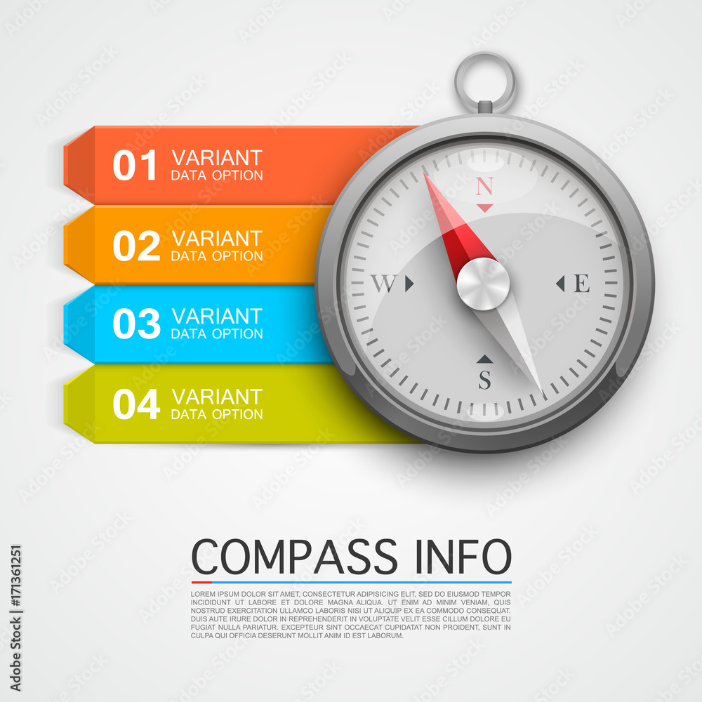 Compass info arrow. Key infographic, navigation info arrow. Vector ...