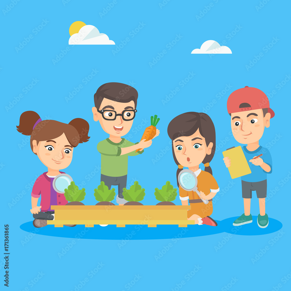 Little caucasian school children engaged in gardening at the farm. Kids ...
