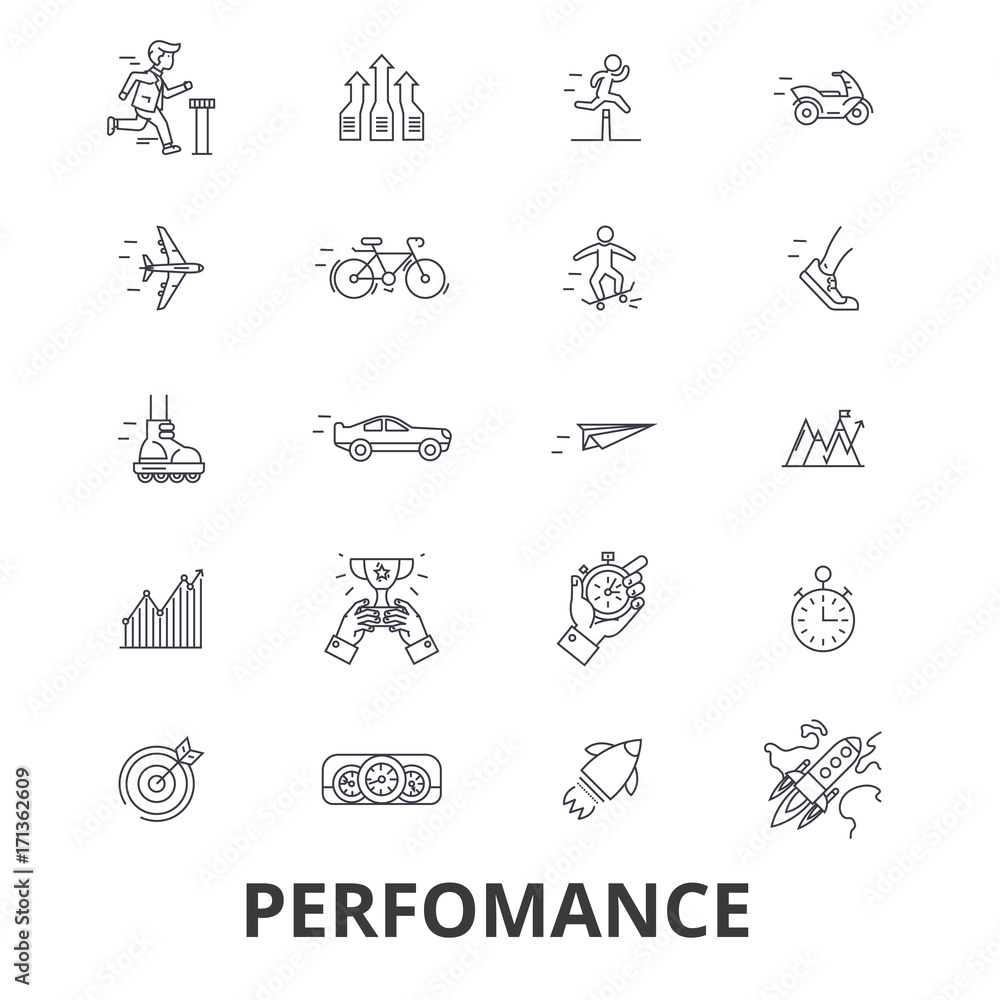 Perfomance, success, achievement, business goal, milestone line icons ...