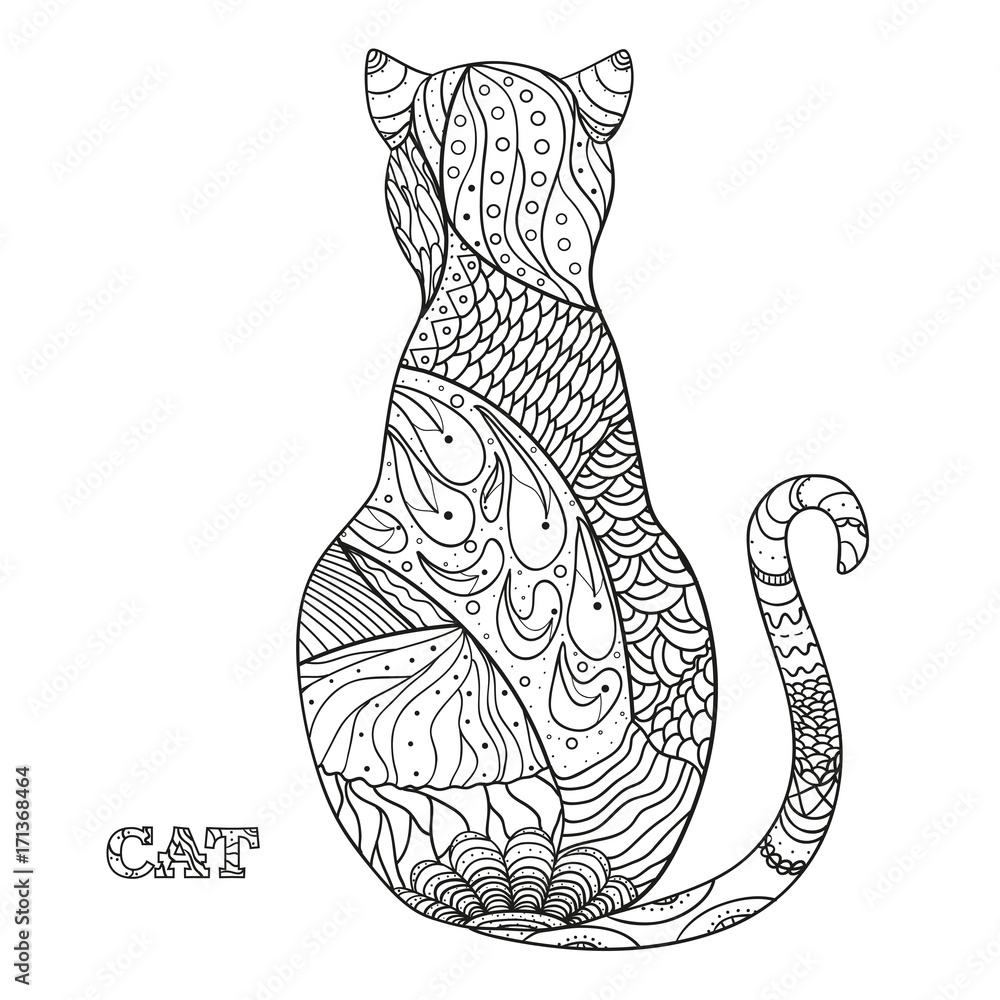 Cat. Zentangle. Hand drawn cat with abstract patterns on isolation ...
