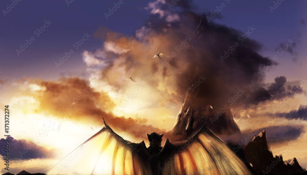 Fantasy illustration of a sunset mountain landscape with flying and ...