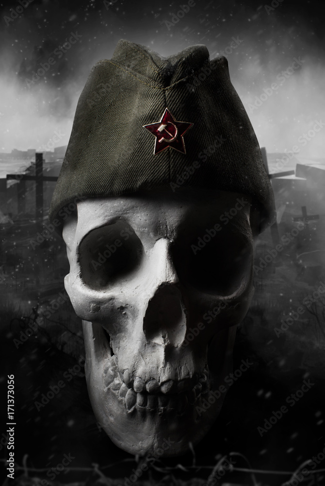 Black and white photo of a human skull in soviet military forage cap on ...
