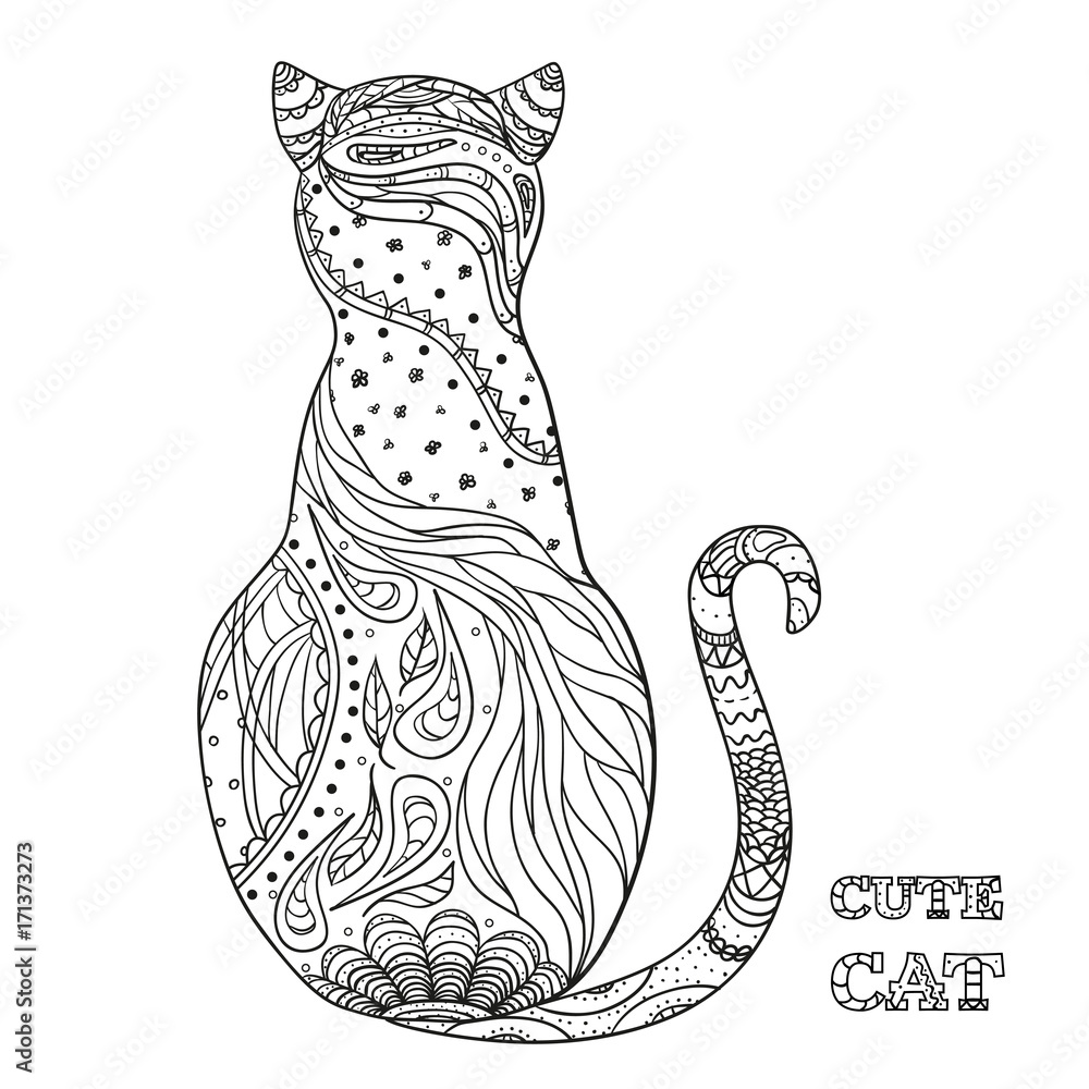 Cat. Zentangle. Hand drawn cat with abstract patterns on isolation ...