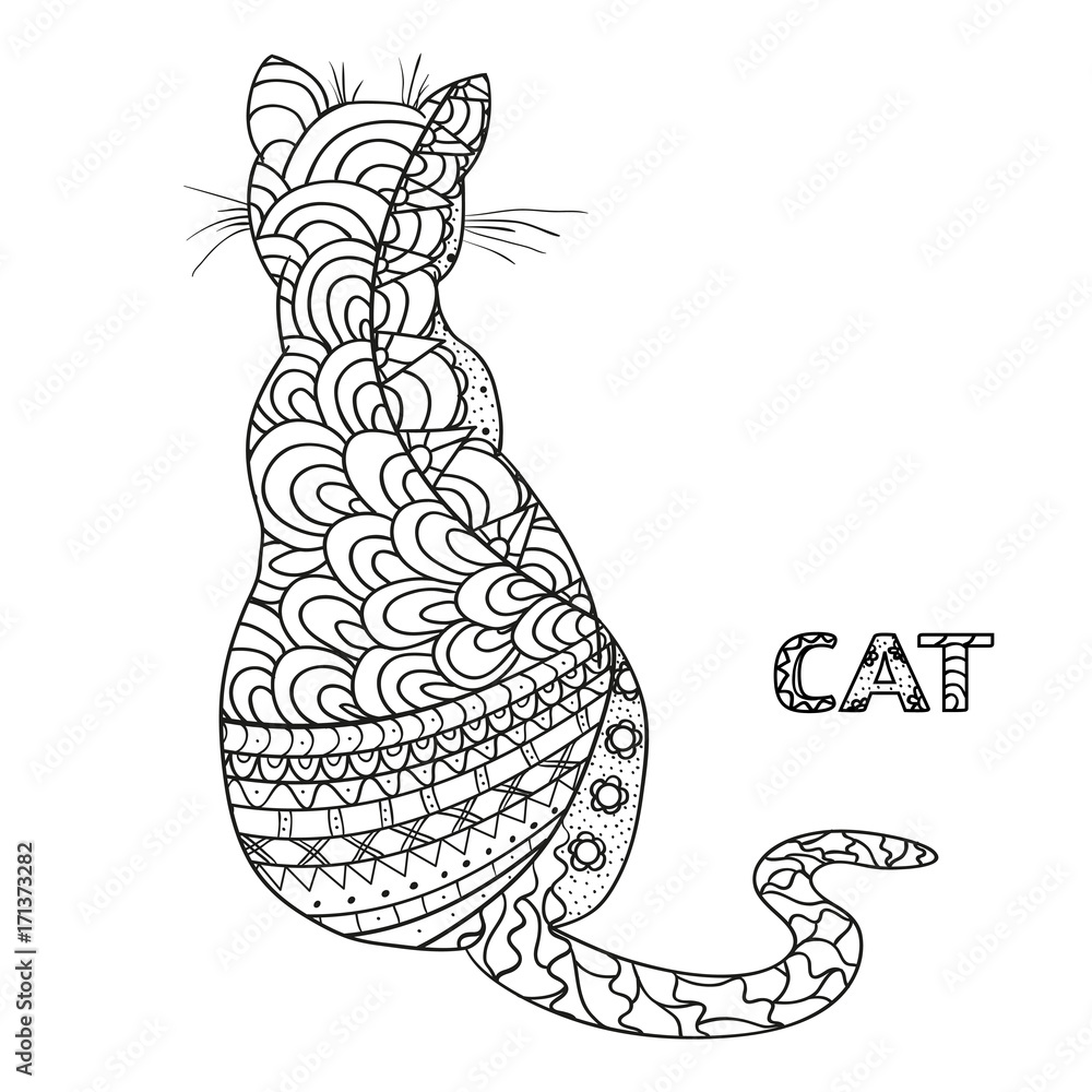 Cat. Zentangle. Hand drawn cat with abstract patterns on isolation ...
