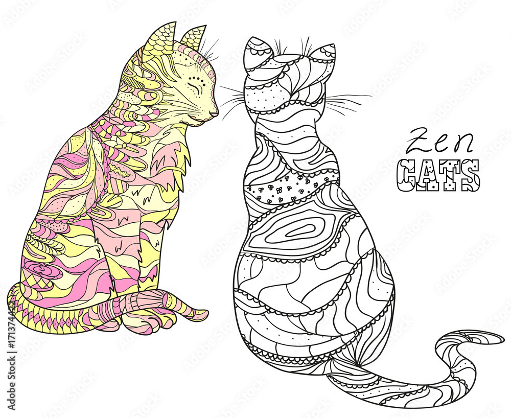 Zen cats. Design Zentangle. Hand drawn cat with abstract patterns on ...