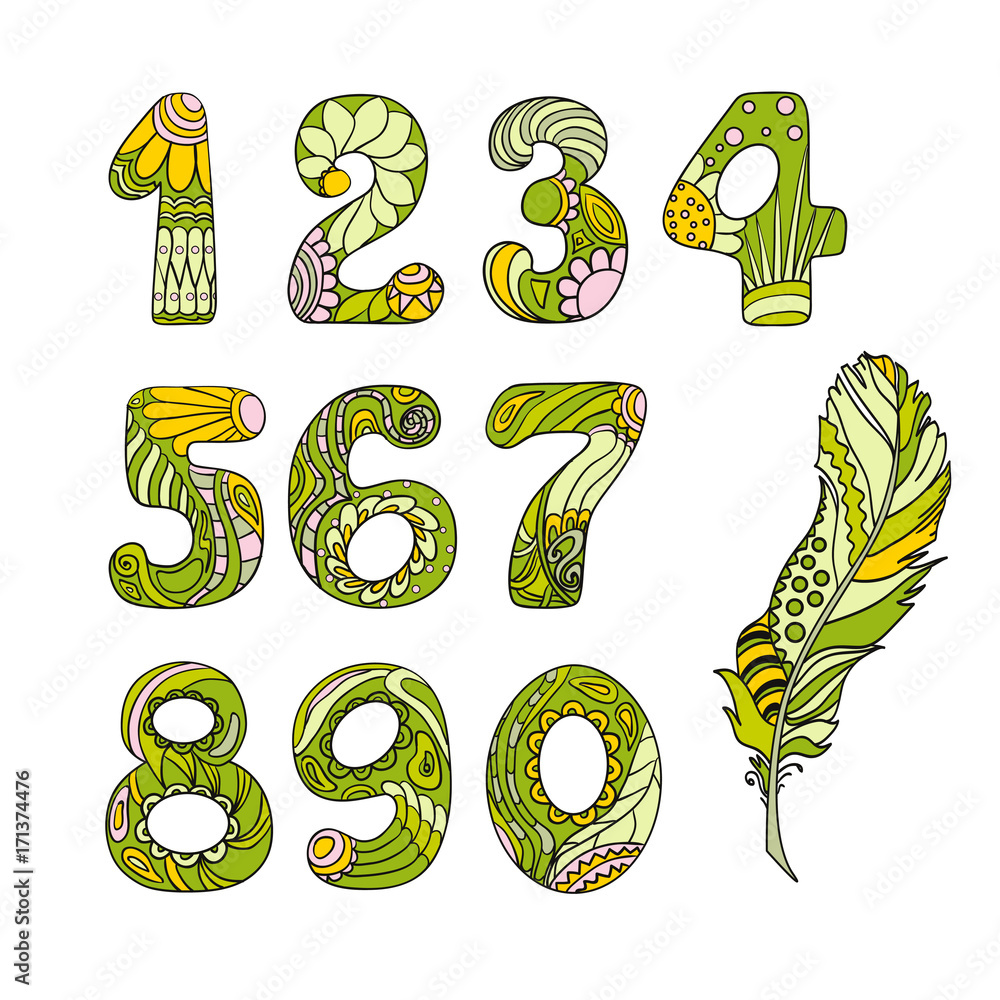 Numbers. Zen art. Alphabet. Zentangle. Hand drawn numbers with feather ...