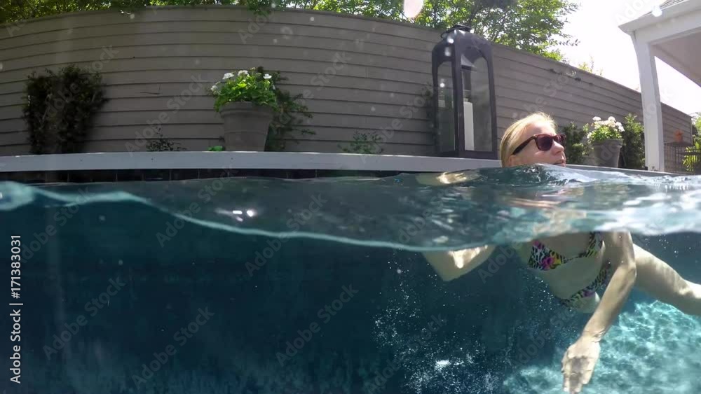 Camera half above and half below water, a beautiful, slim, caucasian ...