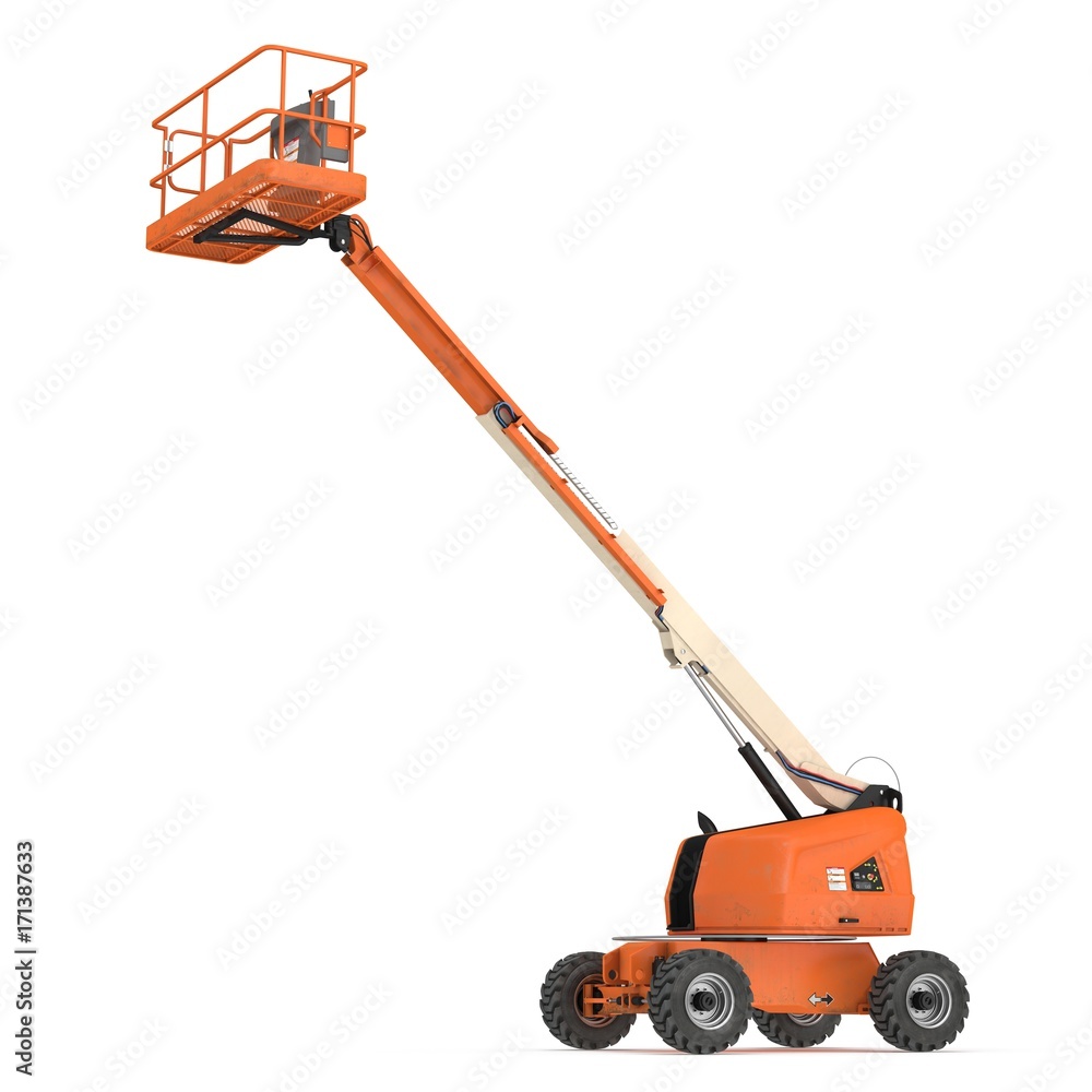 Orange self propelled articulated wheeled lift with telescoping boom ...