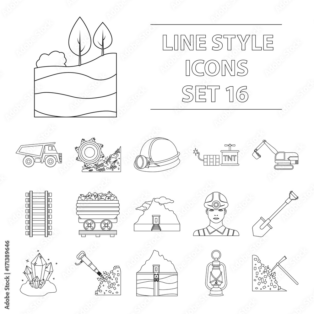 Mine set icons in outline style. Big collection of mine vector ...