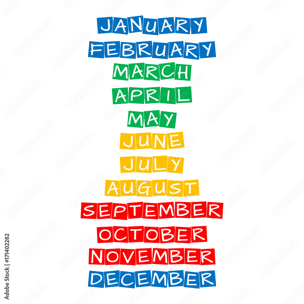 month names collection, text in colorful rotated squares Stock Vector ...