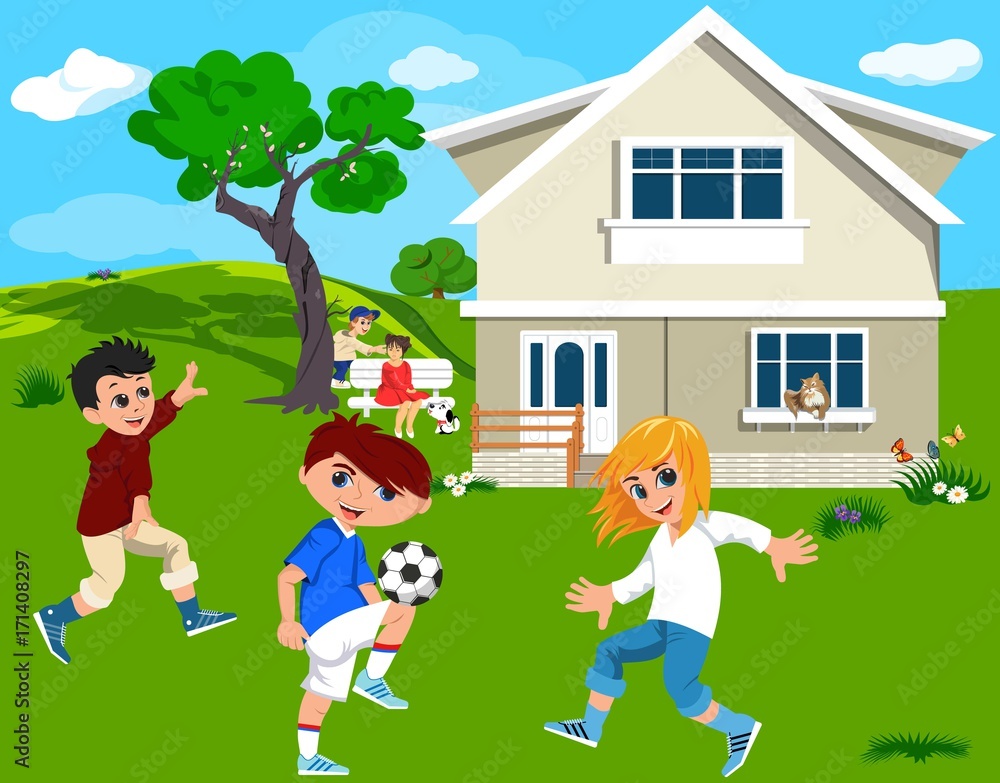 Kids playing outside. Vector illustration Stock Vector | Adobe Stock