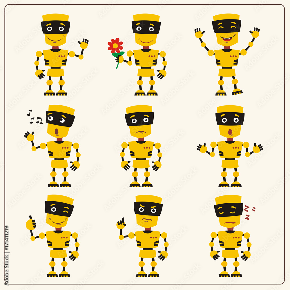 Set emoticon yellow robot with different emotions in cartoon style ...