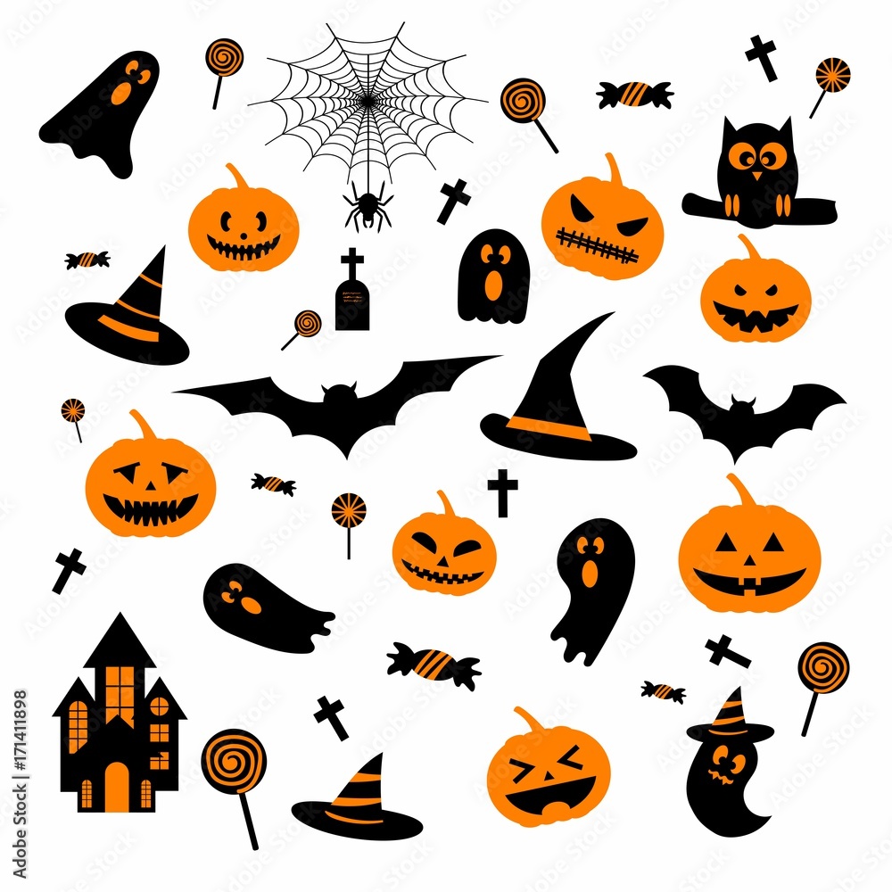 Happy Halloween design elements with ghost pumpkin, castle, bat, hat ...