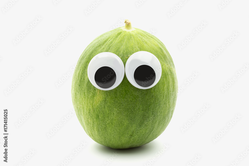 Crazy green melon with googly eyes on white background - the Barattiere ...