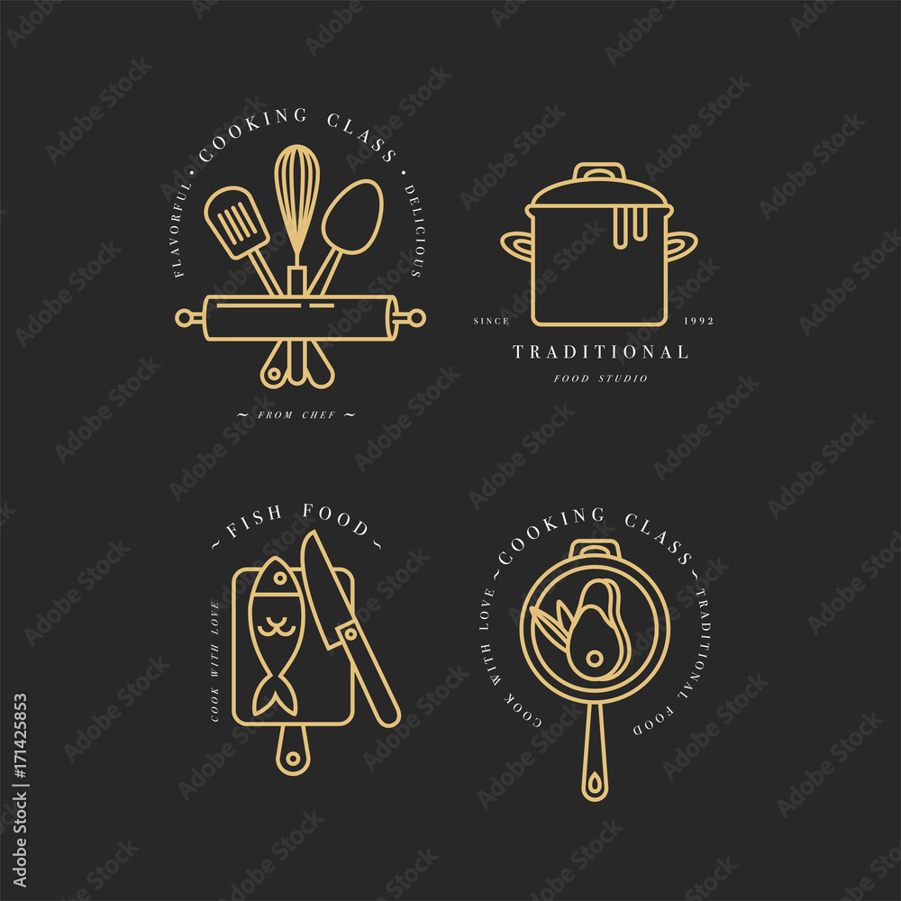 Cooking class linear design elements, kitchen emblems, symbols, icons ...