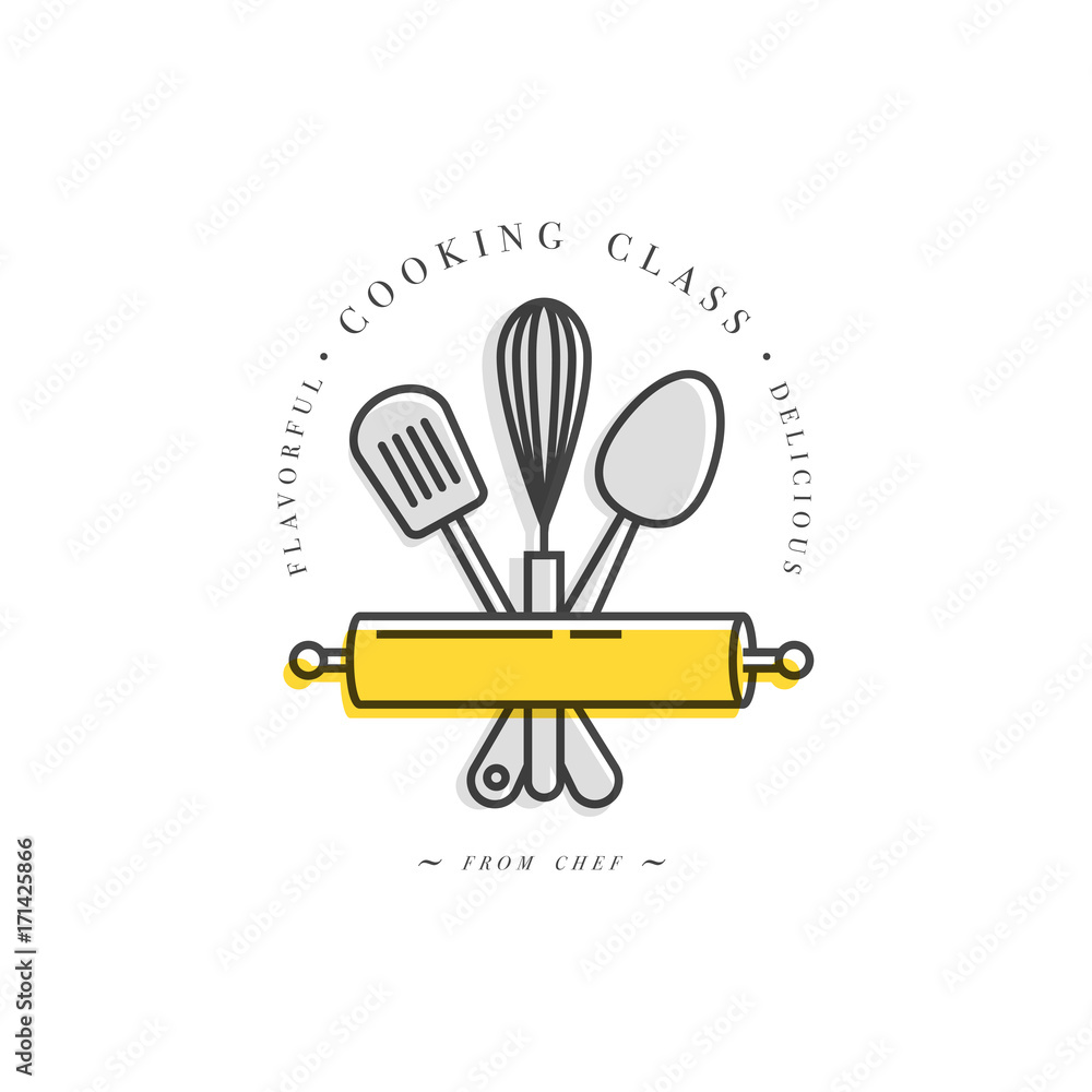 Cooking class linear design elements, kitchen emblems, symbols, icons ...