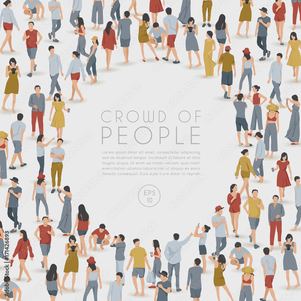 Crowd of People Standing in Circle Shaped Frame on White Background ...