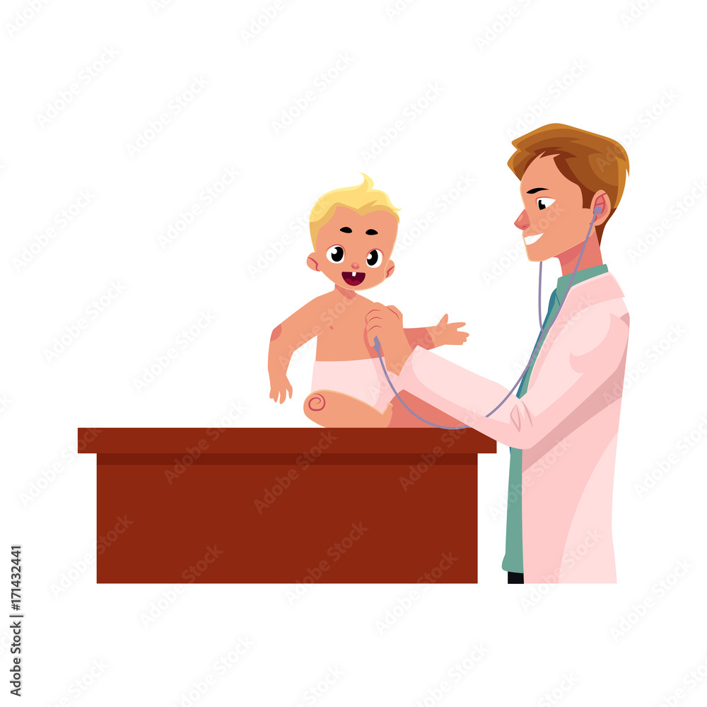 Young man doctor, pediatrician listening to baby, infant heart with ...