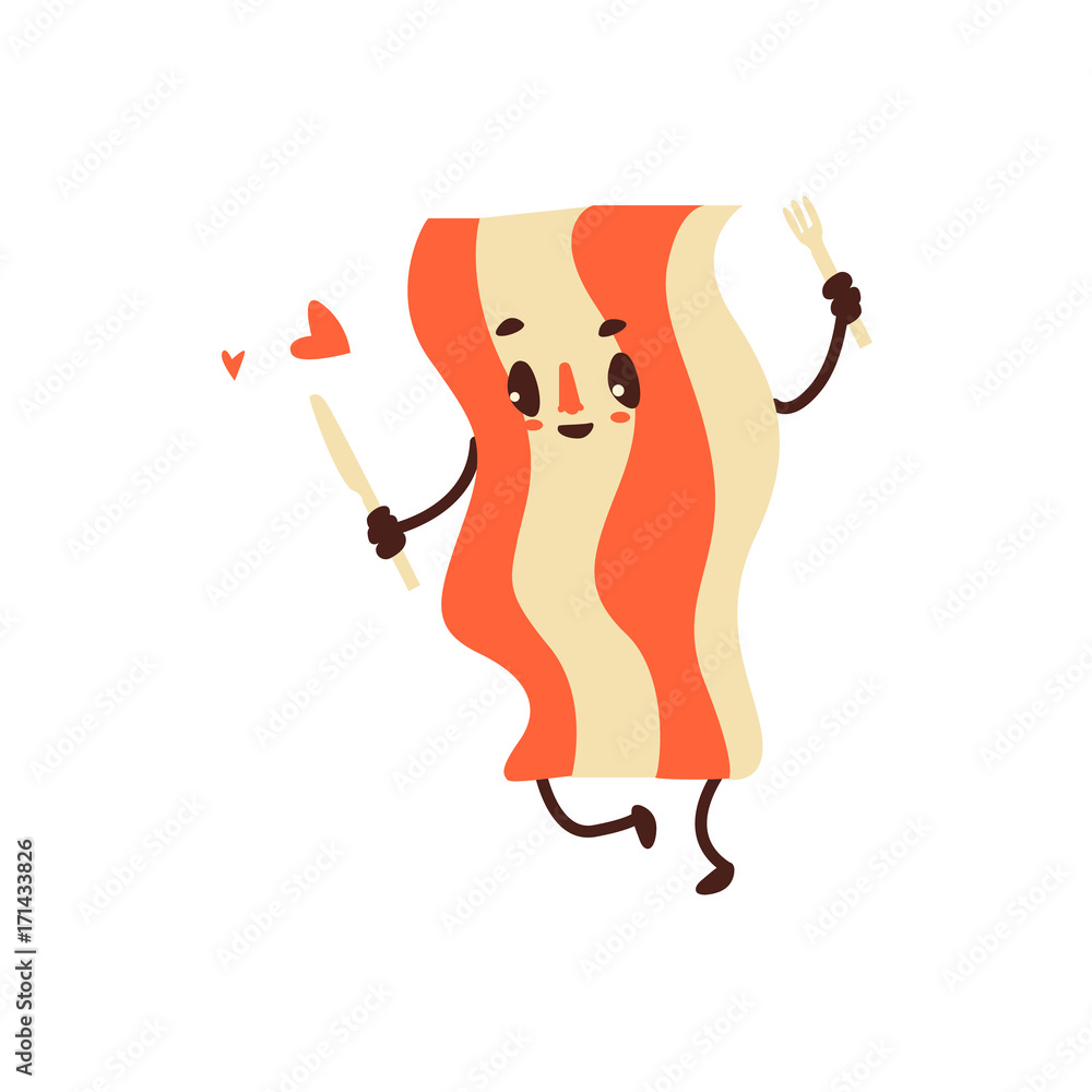 Cute and funny fried bacon strip character with smiling human face ...