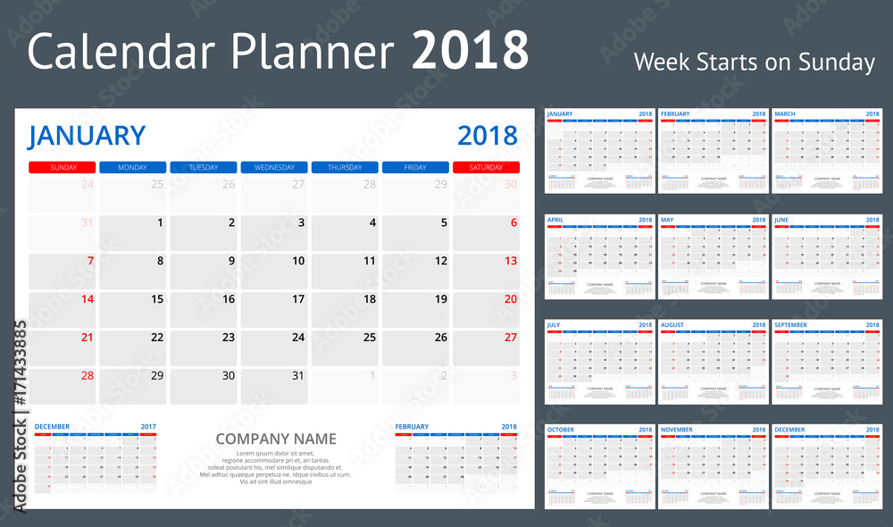 2018 calendar Print Template Week Starts Sunday Portrait Orientation ...