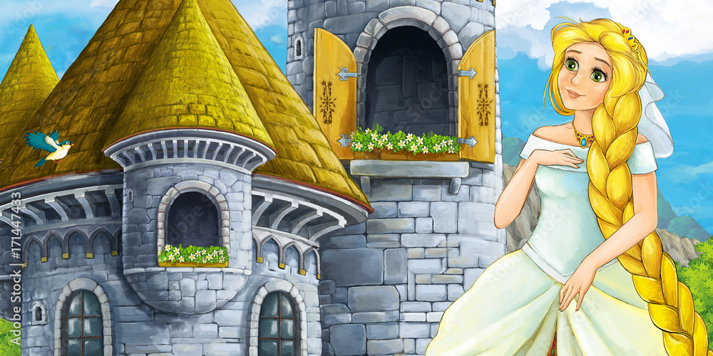 cartoon scene of a princess - girl - sitting in the window illustration ...