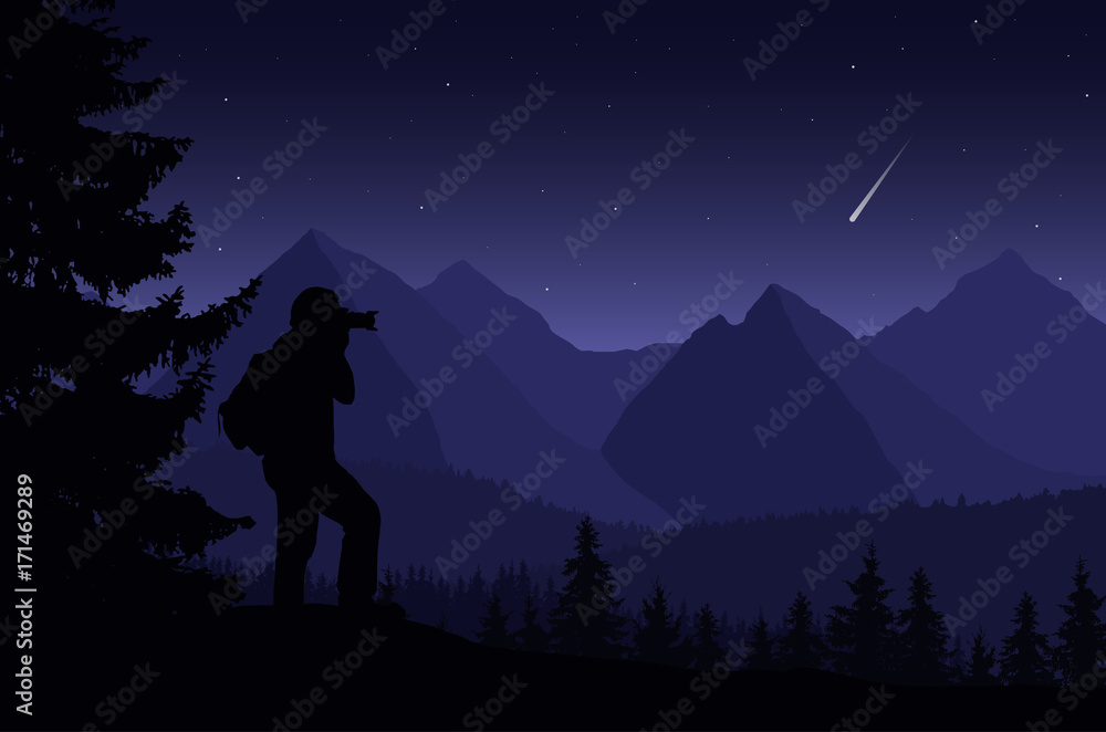 Vector illustration of a mountain landscape with trees and a human ...