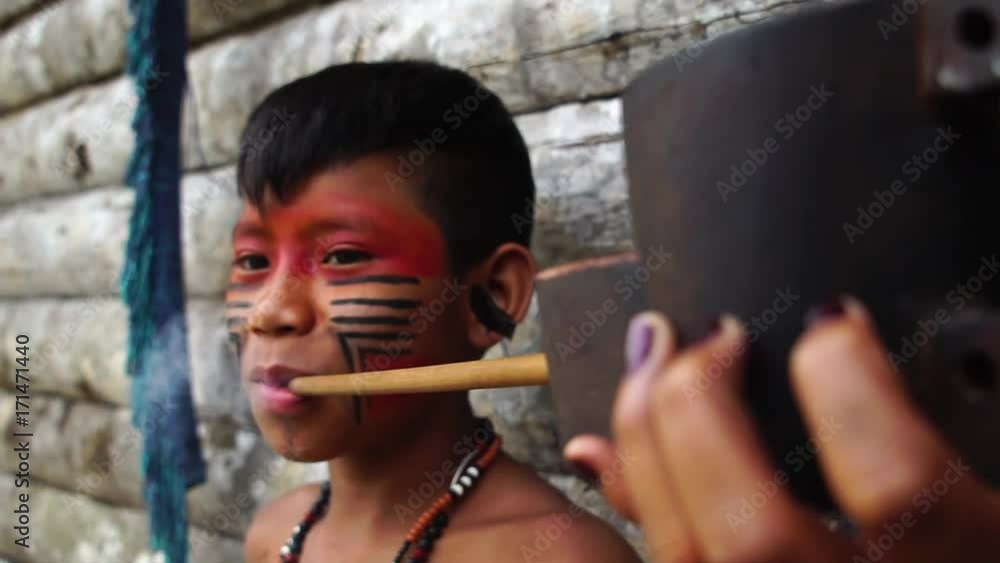 Indigenous Young Guy Smoking Pipes in a Tupi Guarani Tribe, Brazil ...