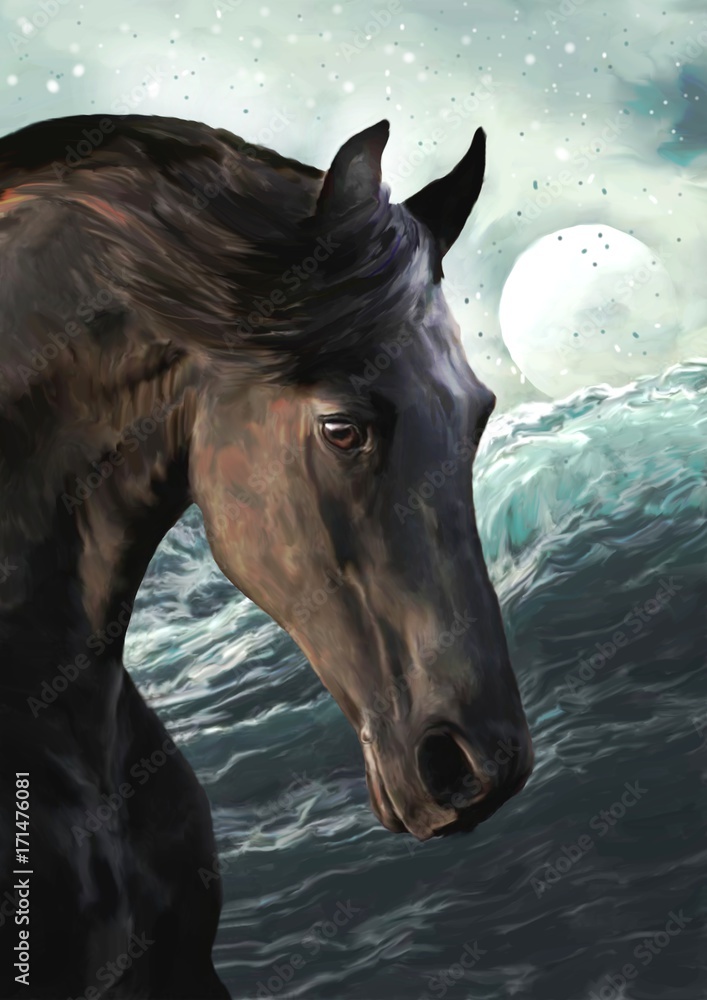 Kary na tle morza i księżyca Digital art Painting Stock Illustration ...