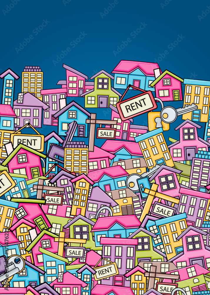 Real estate concept in 3d cartoon doodle background design. Hand drawn ...