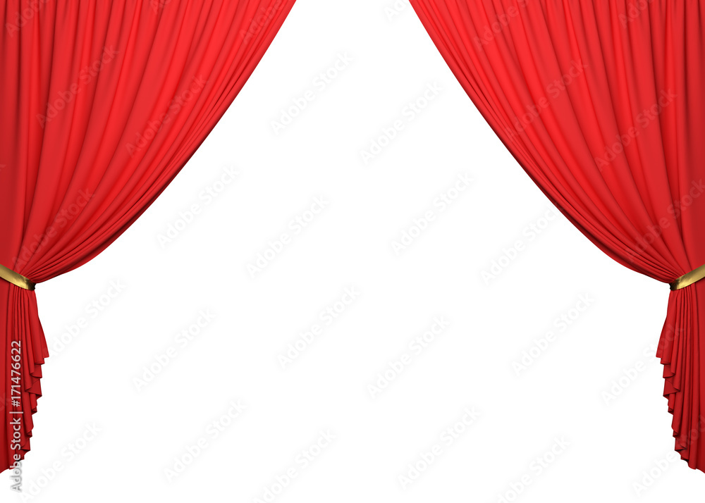 Open red curtains on white background with clipping path. 3D ...