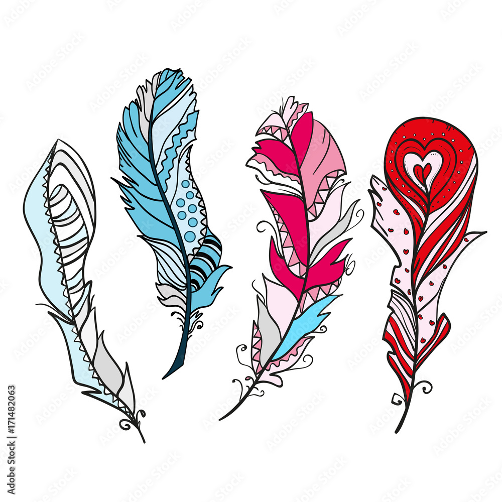 Feathers. Design Zentangle. Hand drawn feather with abstract patterns ...